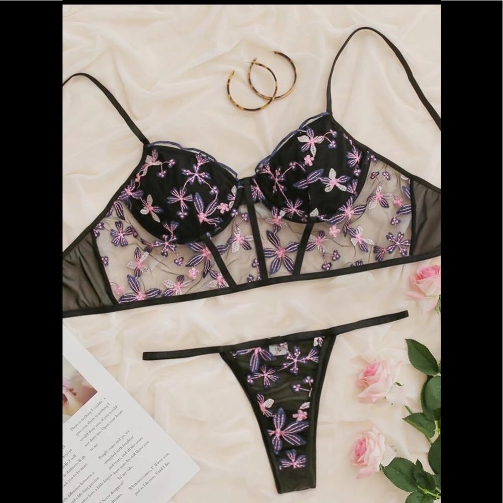 New Shein Floral Embroidered Lingerie Set - Gem